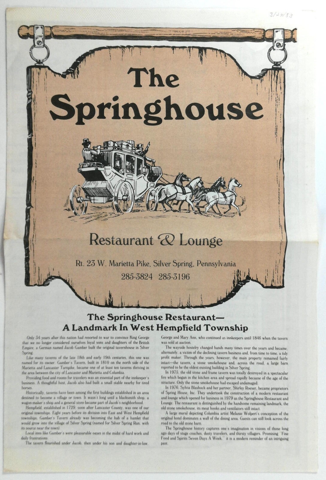 1983 Original Large Menu THE SPRINGHOUSE Restaurant Silver Springs ...