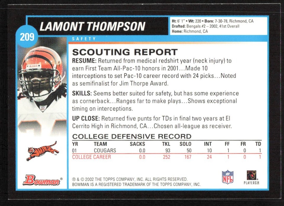 2002 Bowman Football Lamont Thompson RC #209 Cincinnati Bengals | eBay