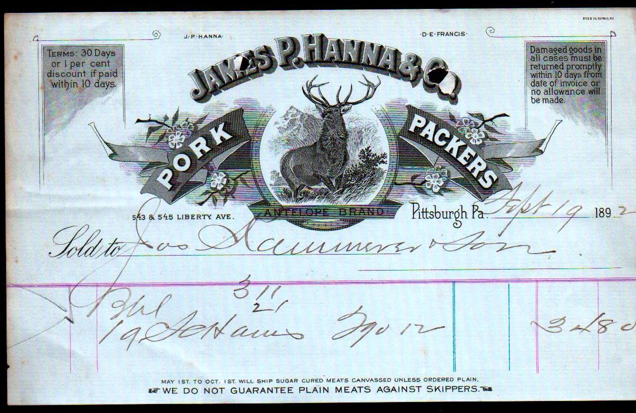 1892 Pittsburgh Pa - James P Hanna & Co - Pork Packers - Rare Letter ...