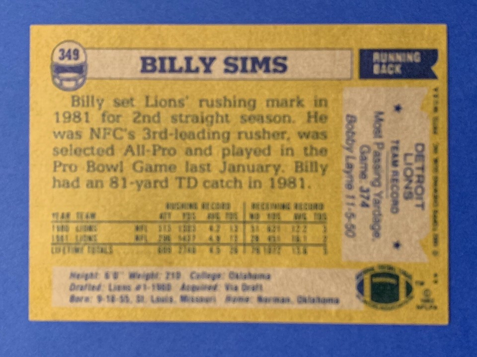 BILLY SIMS CF HOF Signed 1982 Topps Lions Oklahoma Sooner HEISMAN ...