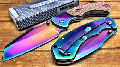 8" TACTICAL Spring Assisted Open Knife CLEAVER RAZOR FOLDING RAINBO ...