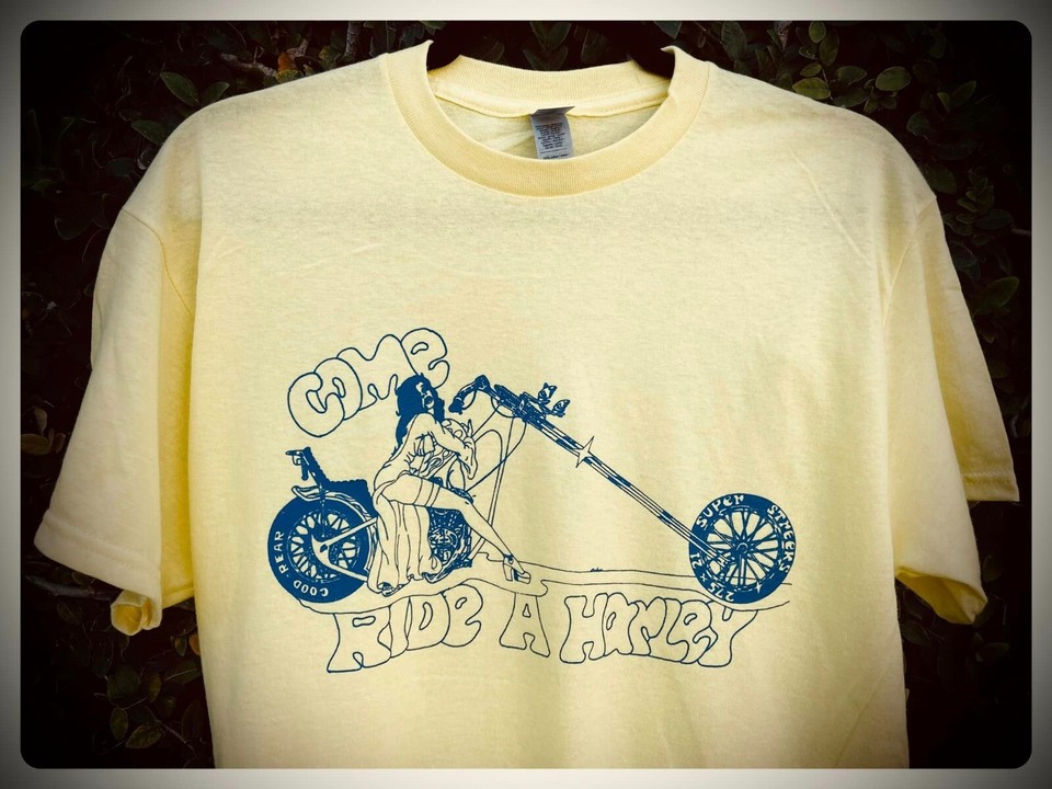 COME RIDE A HARLEY yellow chopper motorcycle vintage T shovelhead ...
