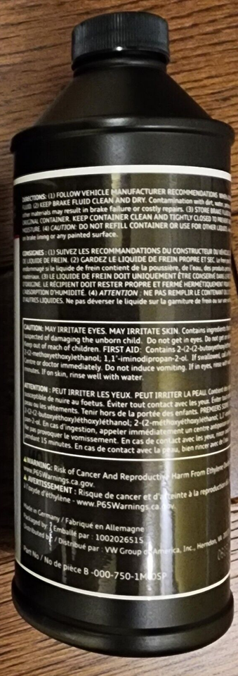 Genuine New OEM VW Audi Dot 4 Brake Fluid 500mL B 000 750 1M DSP Qty.1 ...