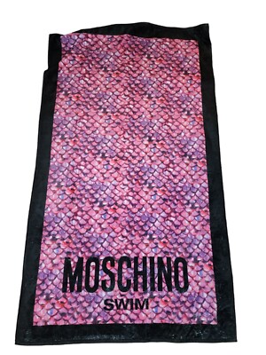 MOSCHINO SWIM BEACH TOWEL cotton fuchsia Pink Fish Scales Logo Black ...