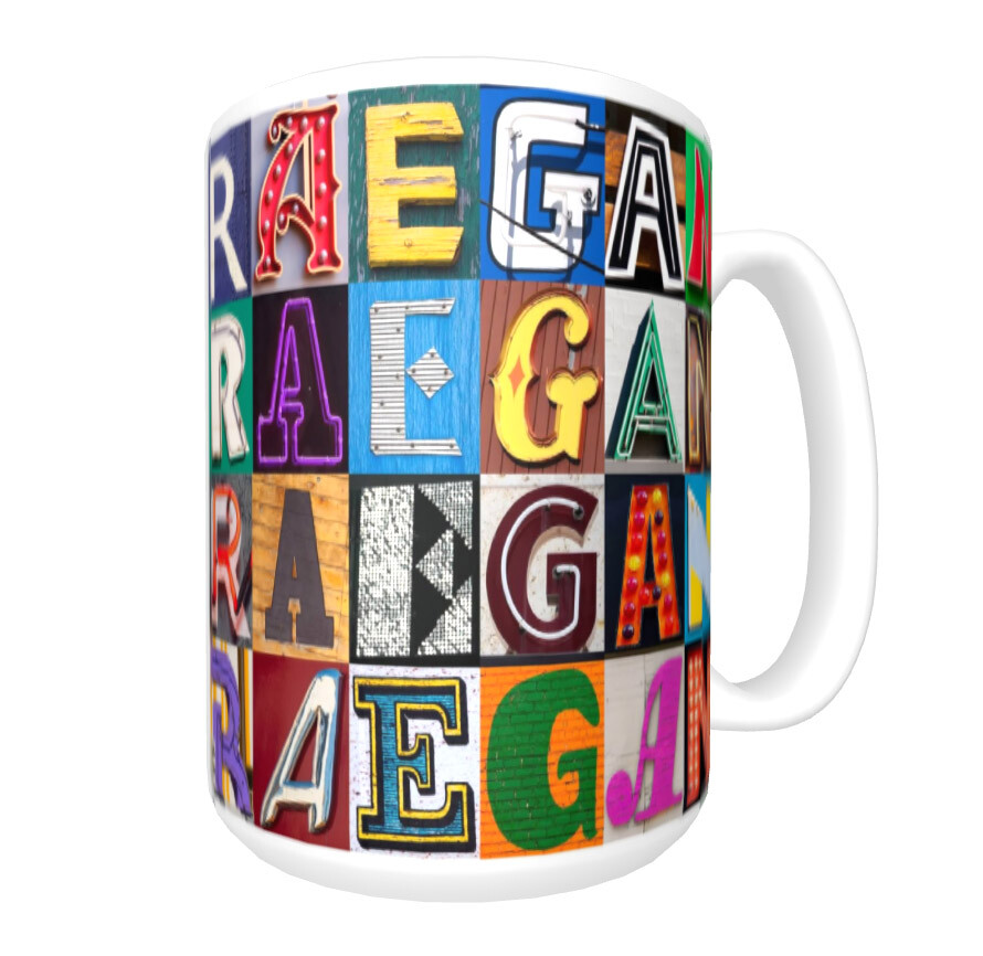 RAEGAN Coffee Mug / Cup featuring the name in photos of sign letters | eBay