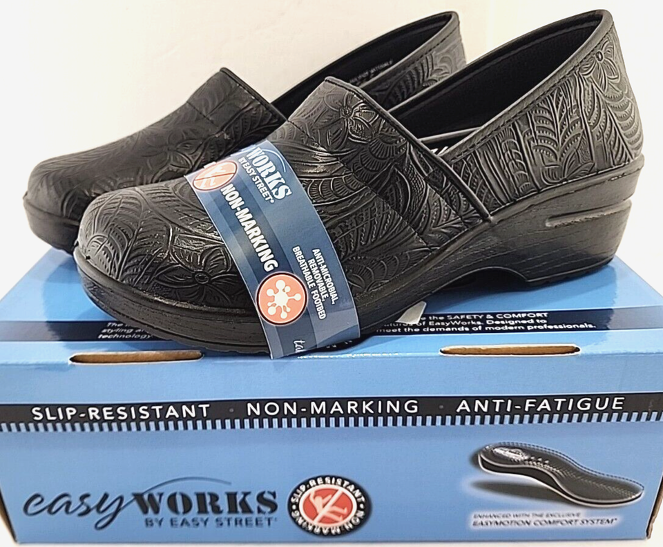 Easy Works Lyndee women's Slip Resistant Clogs Size 9.5W Black embossed ...