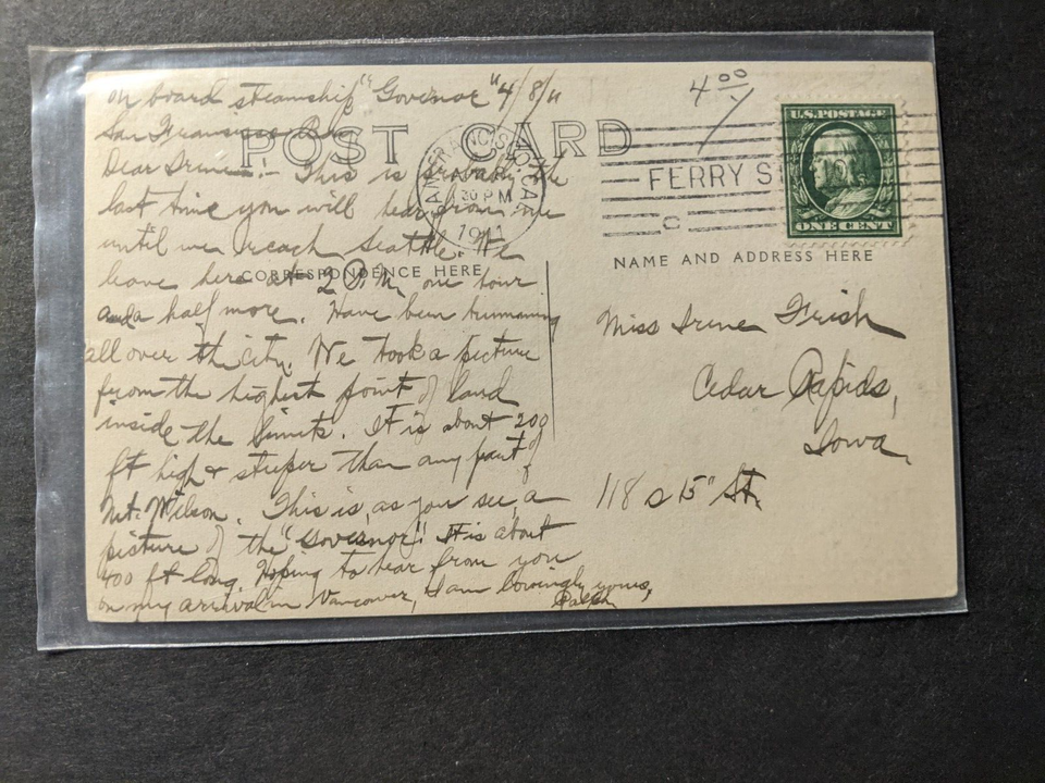 Steamer SS GOVERNOR, San Francisco Bay, Calif Naval Cover 1911 Postcard ...