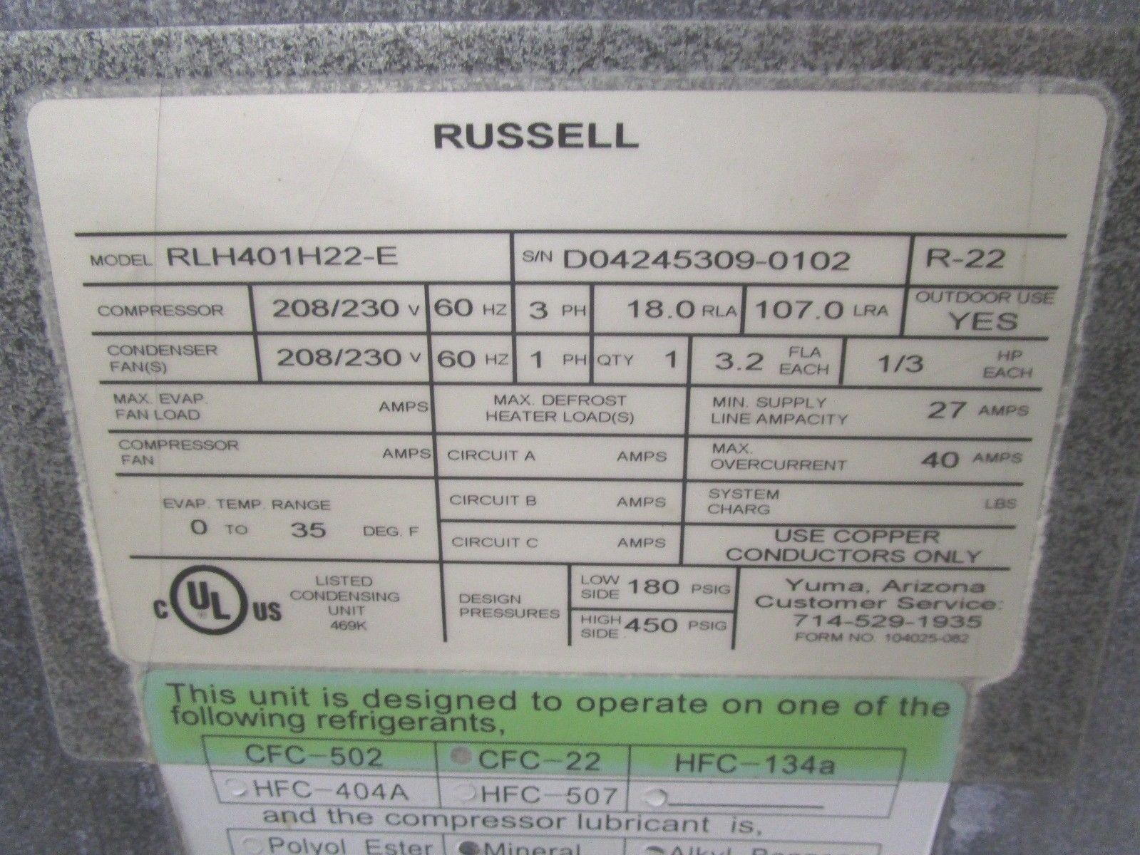 RUSSELL RLH401H22-E REFRIGERATION COMPRESSOR UNIT 208/230V 3PH ...