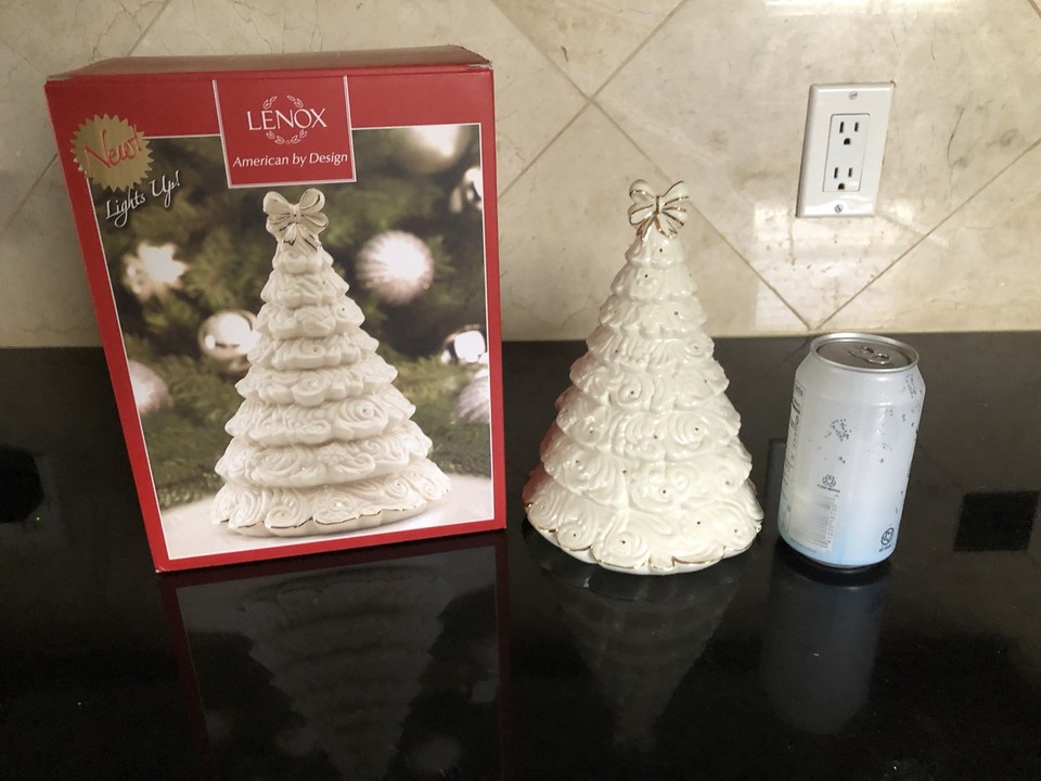 Lenox Porcelain White Gold Christmas Tree Brightly Shining 9” Lighted ...