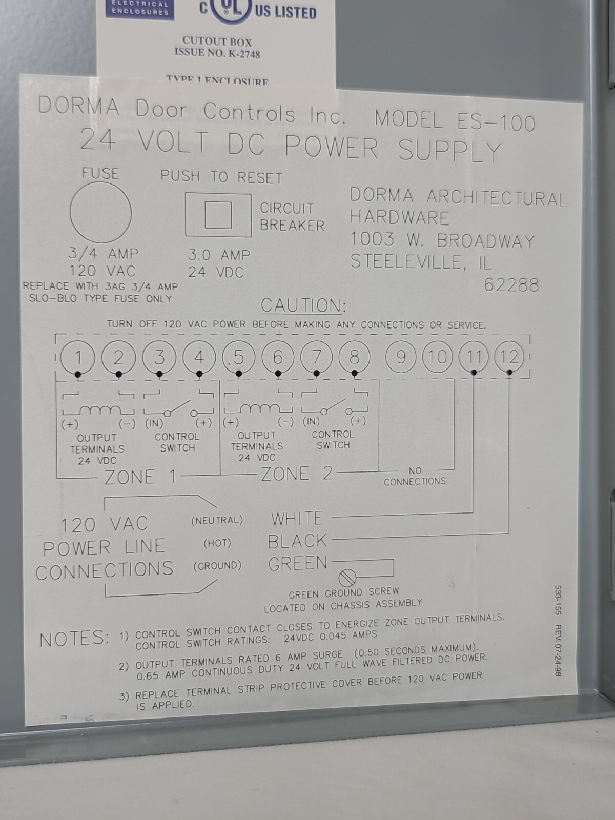 DORMA ES-100 24VDC Door Lock Power Supply in Enclosure ACCESS CONTROL ...
