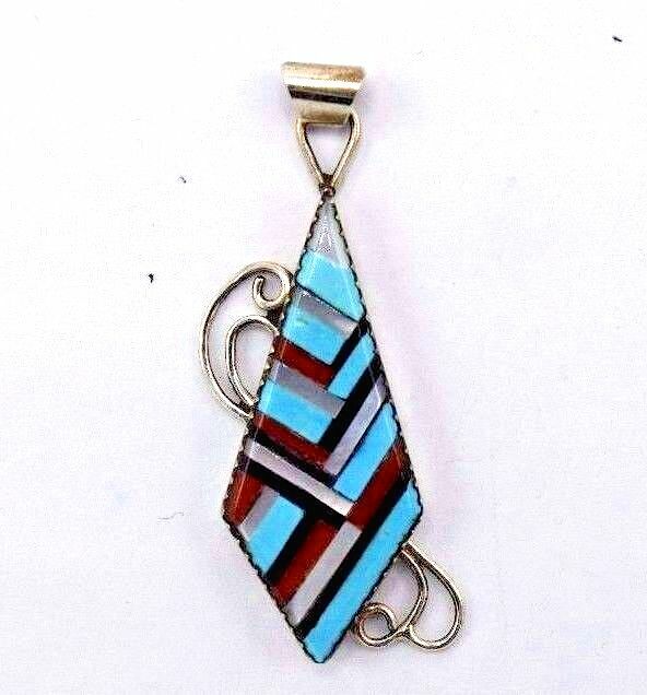 Zuni Handmade Turquoise Coral Inlay Pendant set In Sterling Silver | eBay