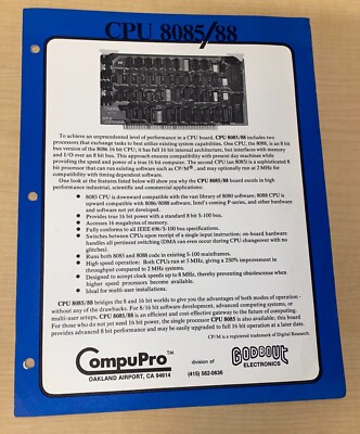 Compupro Godbout Preliminary CPU 8085/88 Short Technical Manual S100 | eBay