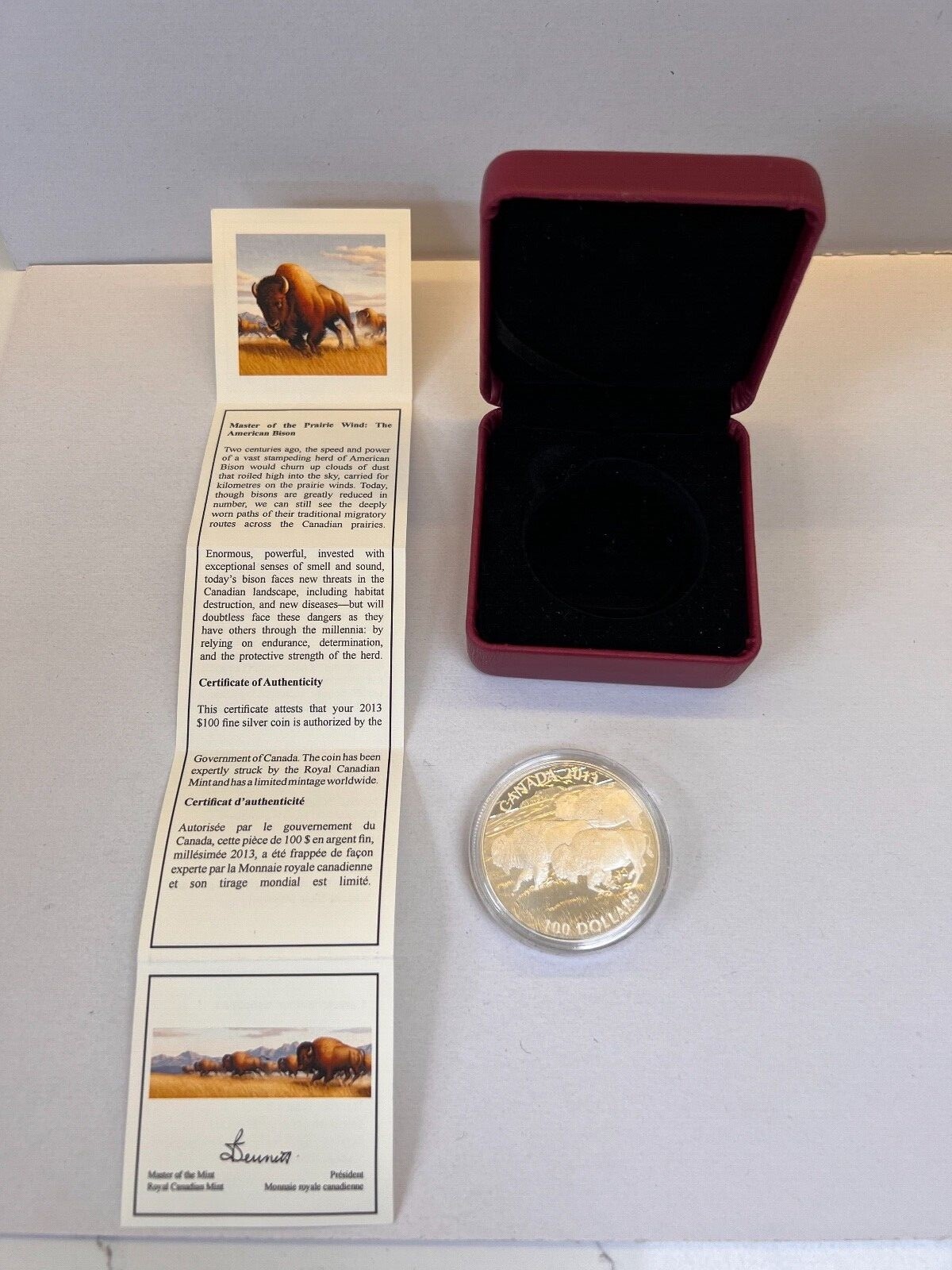 2013 Canadian RCM .9999 Fine Silver $100 One Hundred Dollar Coin Bison ...