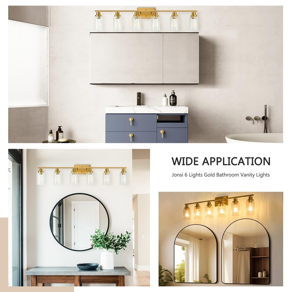 Jonsi Brushed Gold Bathroom Light Fixtures, 6-Light Brushed Gold Vanity ...