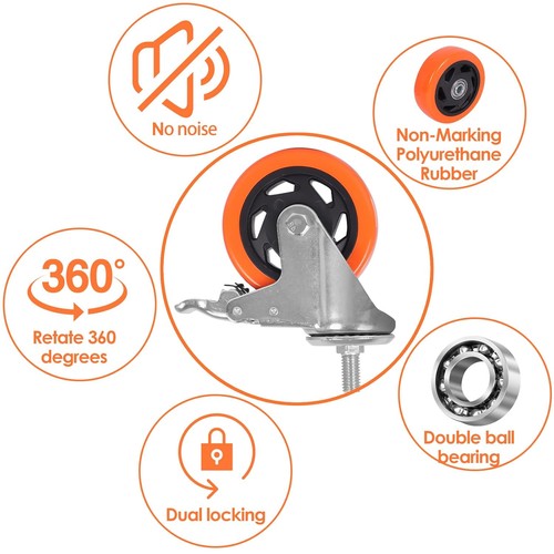 5 Inch Heavy Duty Orange Stem Casters Dual Locking Wheel 3000Lbs ...