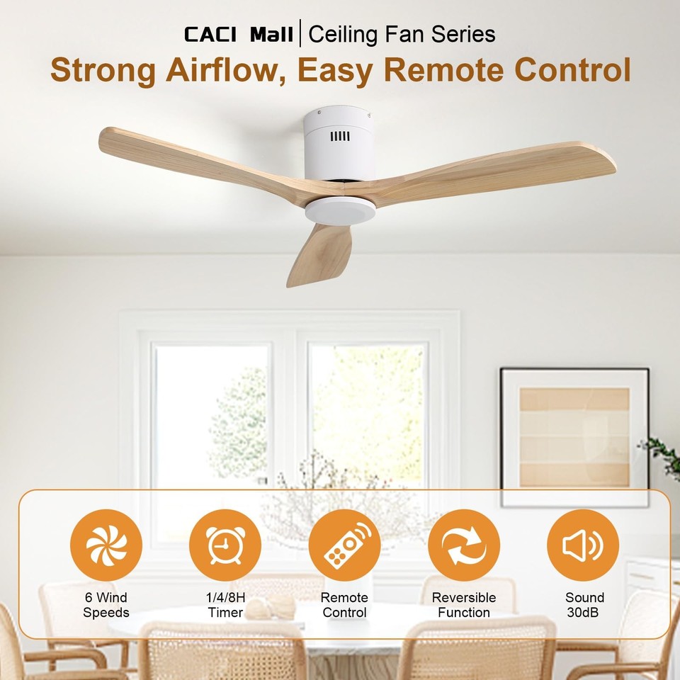 52 Inch Ceiling Fan No Light, Low Profile Flush Mount Modern Wood ...