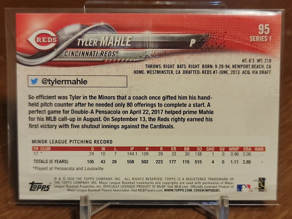 TYLER MAHLE 2018 TOPPS SERIES 1 CARD#95 CINCINNATI REDS/LOUISVILLE BATS ...