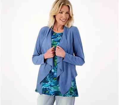 NEW SUSAN GRAVER KNIT FAUX SUEDE LONGSLEEVE CASCADE FRONT CARDIGAN BLUE ...
