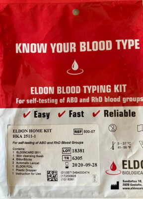 BLOOD TYPE TEST KIT ELDON-BLOOD GROUP TESTING-A,B,O,AB & RHESUS D- 1pc ...