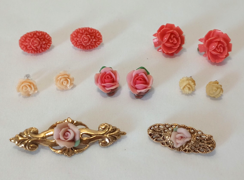 Vintage Floral Rose Themed Jewelry Earrings & Brooches Lot of 7 | eBay