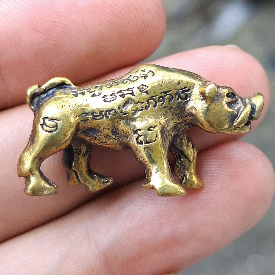 Brass Miniature Lucky Boar Pig Hunting Money Thai Amulet Statue Wealth ...