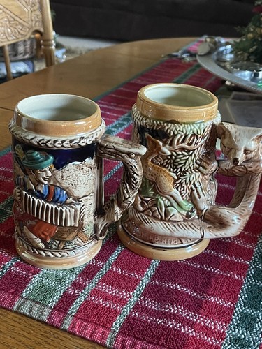 Vtg Fox Handle Stein With Stag & Boar, Stein With Man & Castle, Japan ...