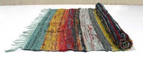 100% Recycled Cotton Woven Floor Mat 4x6 Feet Green Hand Braided Chindi ...