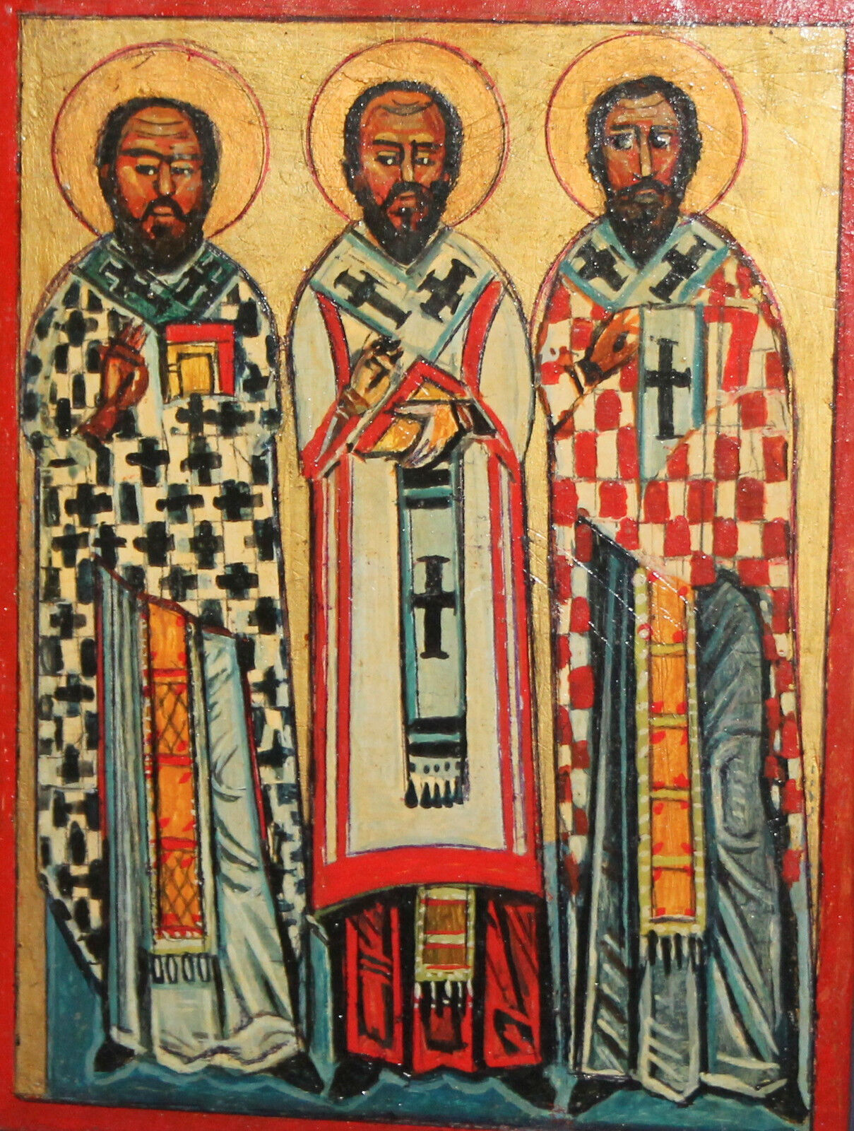 VINTAGE PEINT À LA MAIN TEMPERA/BOIS ICÔNE TROIS SAINTS | eBay