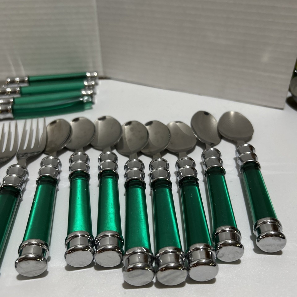 24 Piece Flatware Set Stainless Steel with Clear Lucite Acrylic Plastic Handles | eBay