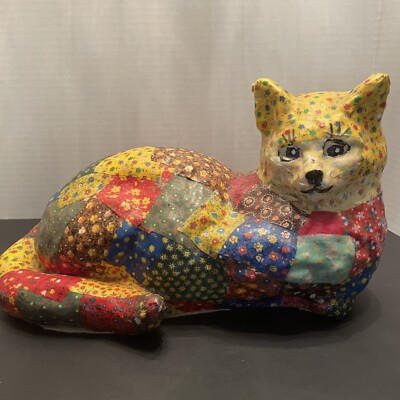 Vintage-Ceramic Rainbow Plaid Cat Statue-Figurine-Patchwork Quilt ...