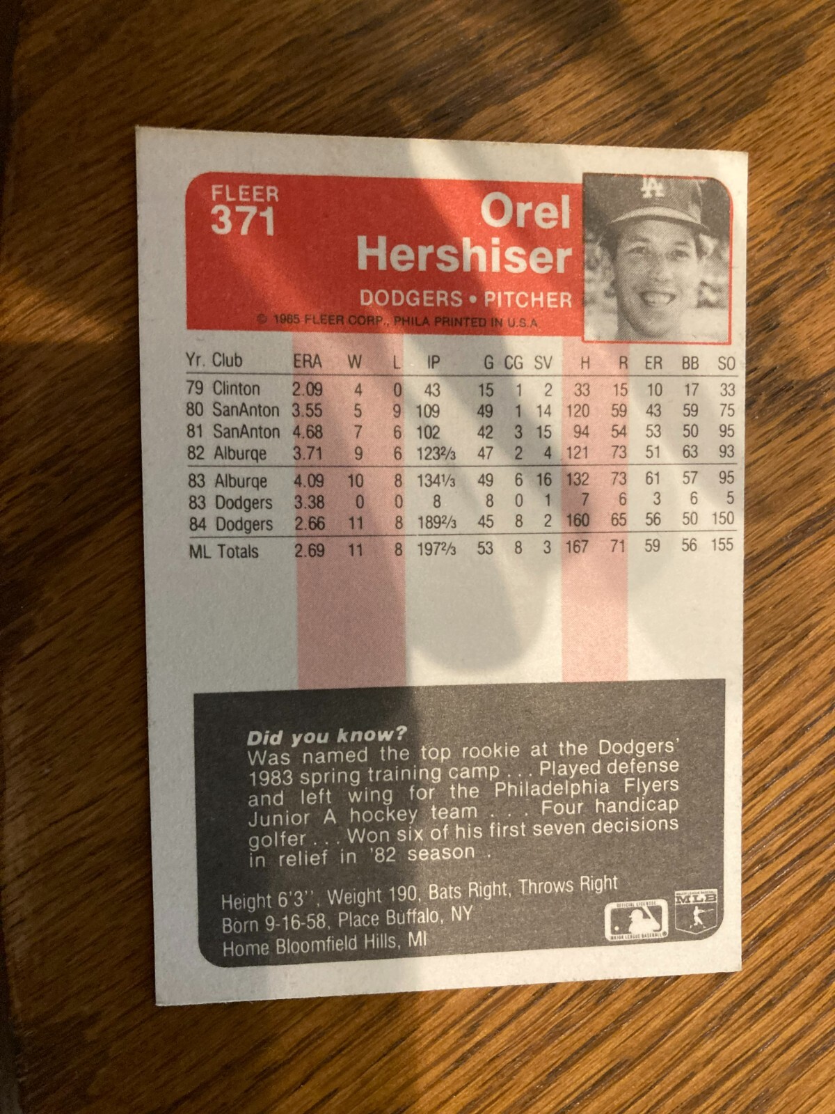 1985 Fleer Orel Hershiser Rookie baseball trading card | eBay