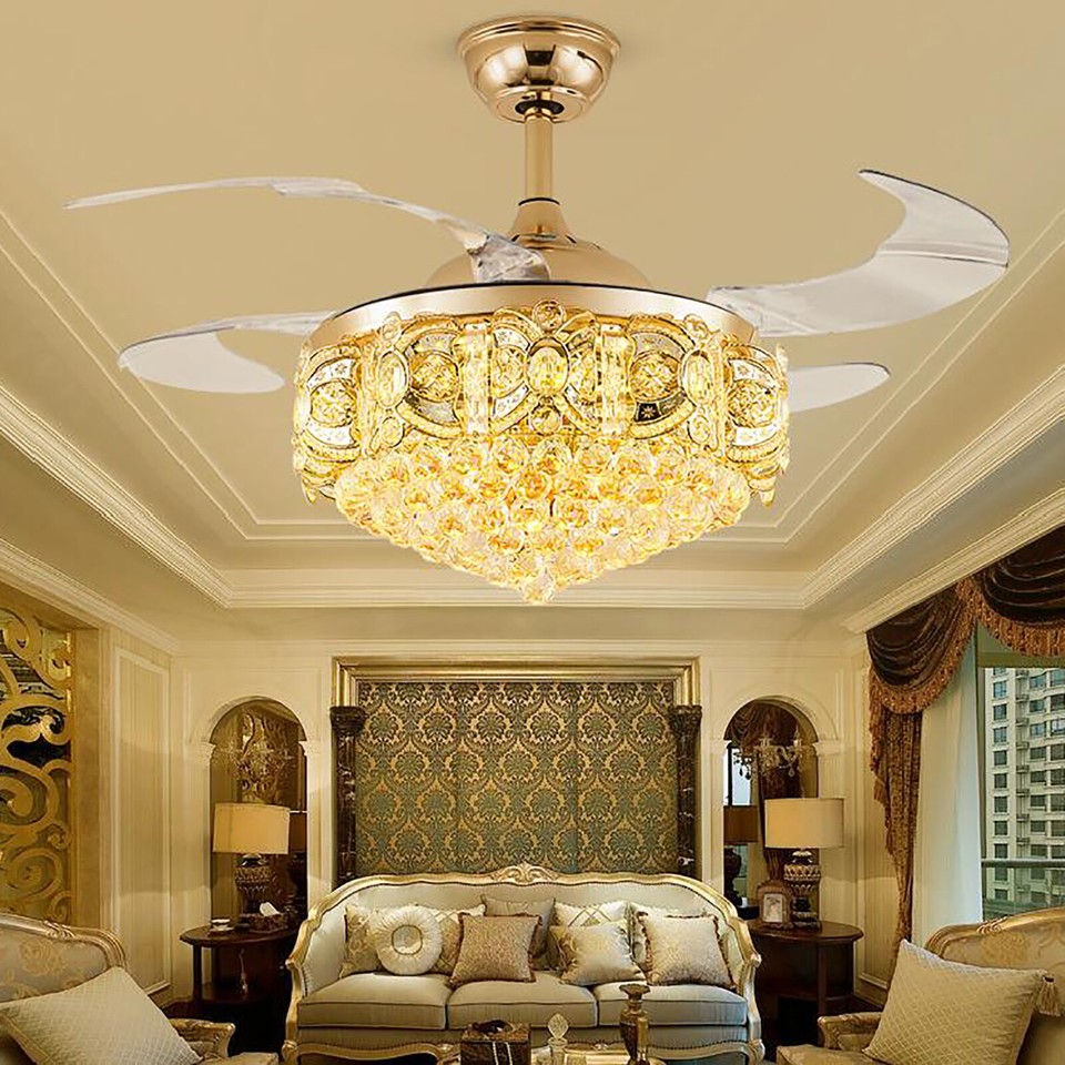 Modern 42" Crystal LED Invisible Ceiling Fan Chandelier Lamp Light w ...