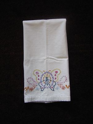 Vintage White Multi Color Embroidered Butterfly Tea Hand Kitchen Towel ...