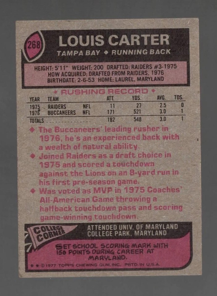 1977 Topps Louis Carter Tampa Bay Buccaneers #268 Excellent | eBay