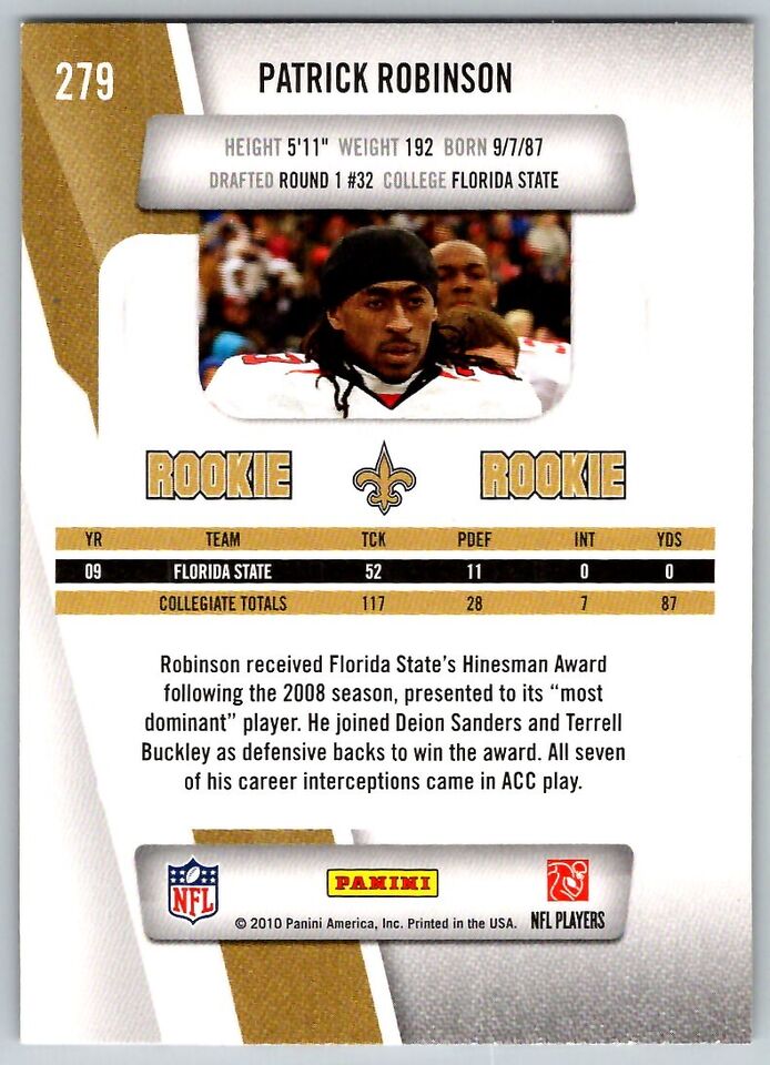 2010 PANINI PRESTIGE PATRICK ROBINSON RC NEW ORLEANS SAINTS #279 | eBay
