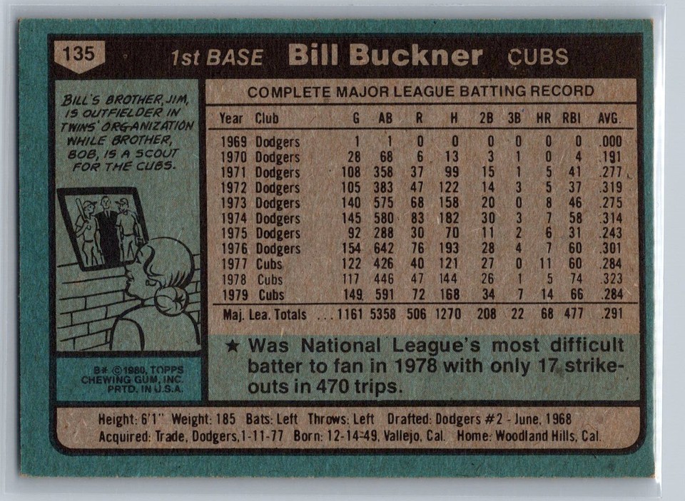 1980 Topps #135 Bill Buckner Chicago Cubs | eBay
