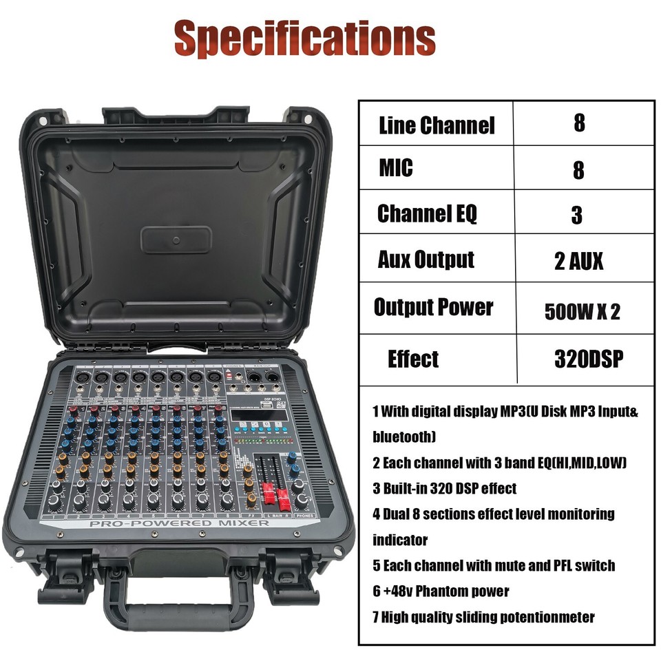 Pro 8 Channel Mixer w/Power Amplifier 1000W w/Bluetooth Sound Package ...