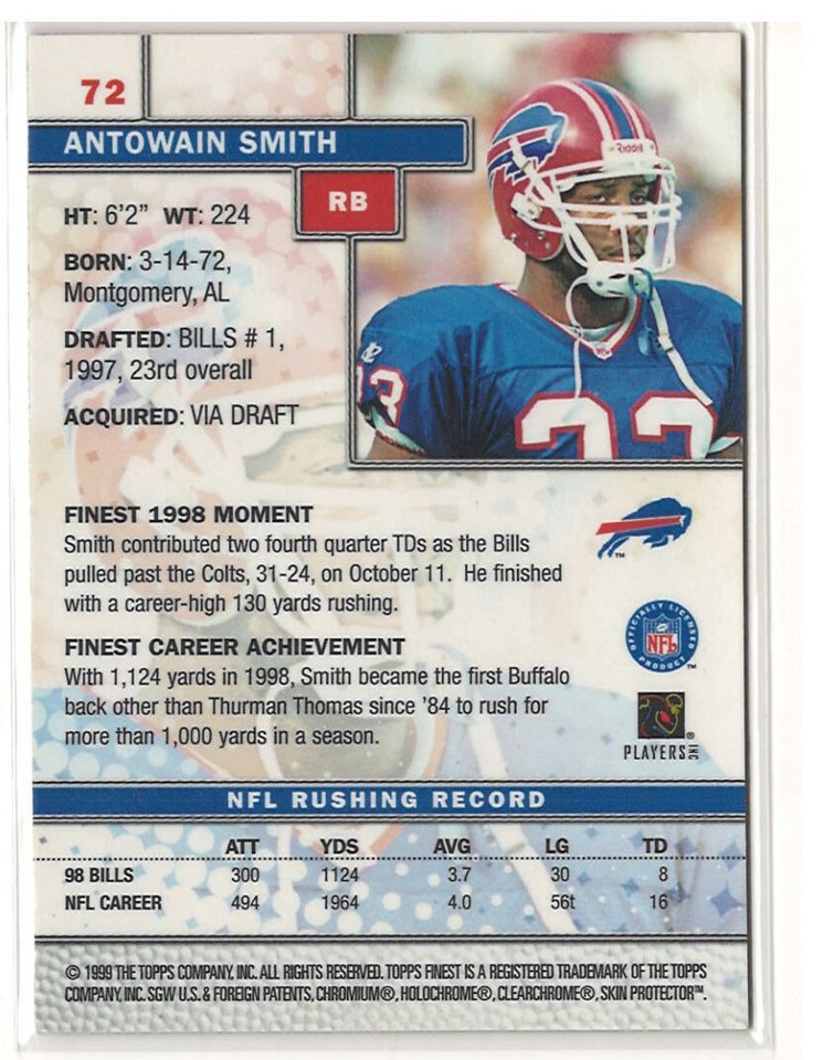 1999 Topps Finest Football Antowain Smith #72 Buffalo Bills | eBay