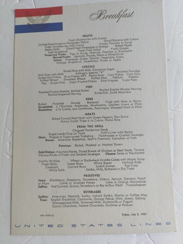 United States Line Breakfast Menu Friday July 5, 1957 | eBay