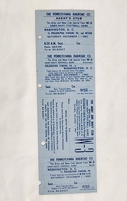 1962 PA Railroad Train Ticket Army Navy Football Game DC To ...