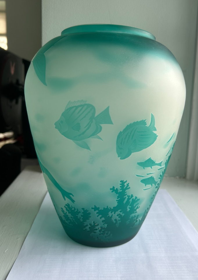 Cameo Art Vase Underwater Mermaid Scene Turquose Glass after Galle | eBay