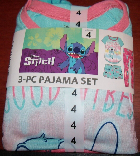 Disney Stitch Flame Resistant 3 Piece Short Pajama PJ Set Girls Size 4 ...