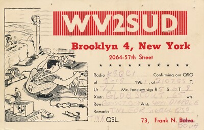 QSL CARD HAM RADIO WV2SUD W2SUD FRANK N. BOVA BROOKLYN 4, NEW YORK YEAR ...