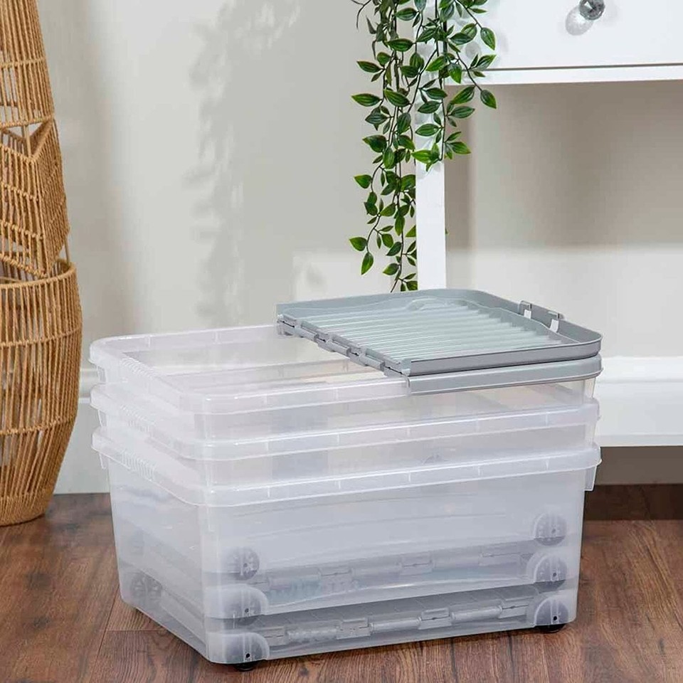 Wheeled Plastic Storage Boxes With Folding Split Lids Strong Stackable ...