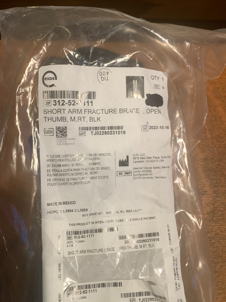 NEW DJO Exos Short Arm Fracture Brace Open Thumb Rt. HAND Size Med. 312 ...