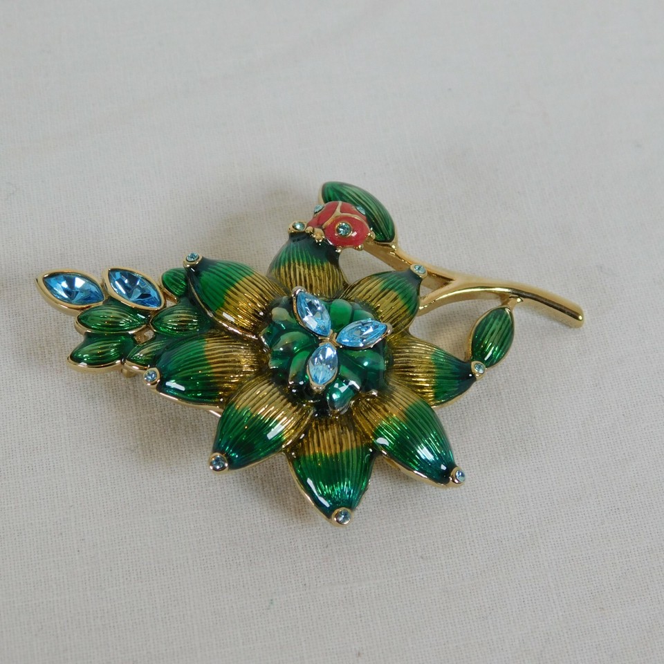 Monet Enamel & Rhinestone Flower w/Ladybug Vintage Pin Brooch Signed ...