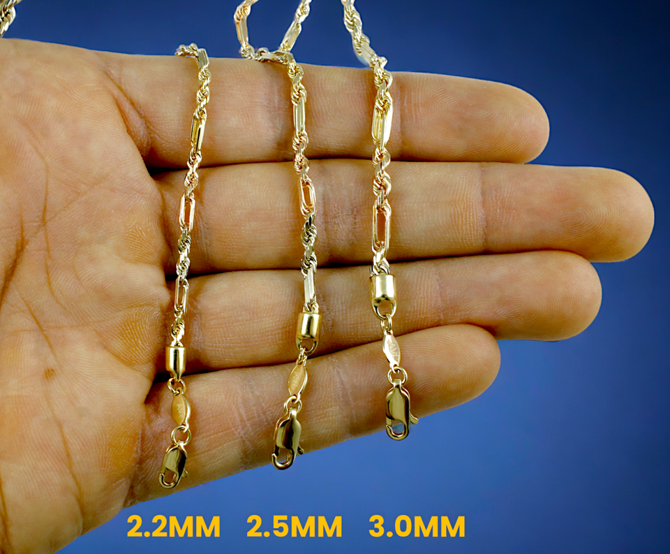 14K Tri Color Gold SOLID Figaro Rope Milano Necklace Bracelet Chain 2 ...