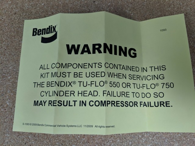 Bendix TuFlo 550 750 Air Compressor Cylinder Head Kit. PAI# DKT-1097 ...