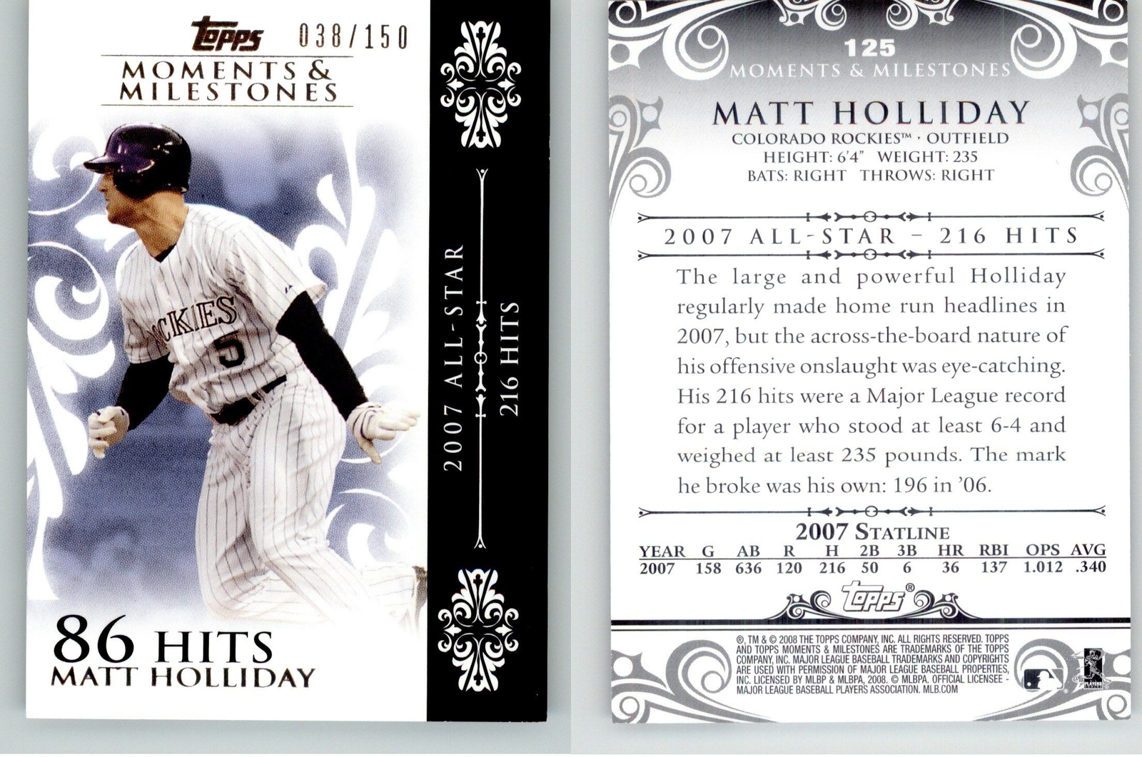 Matt Holliday 2008 Topps Moments & Milestones /150 #125-86 Rockies | eBay