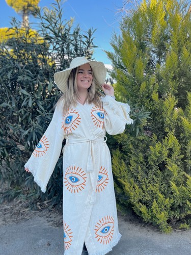 Handmade Lime Evil Eye Festival Kimono - Beach Boho Robe - Dressing ...